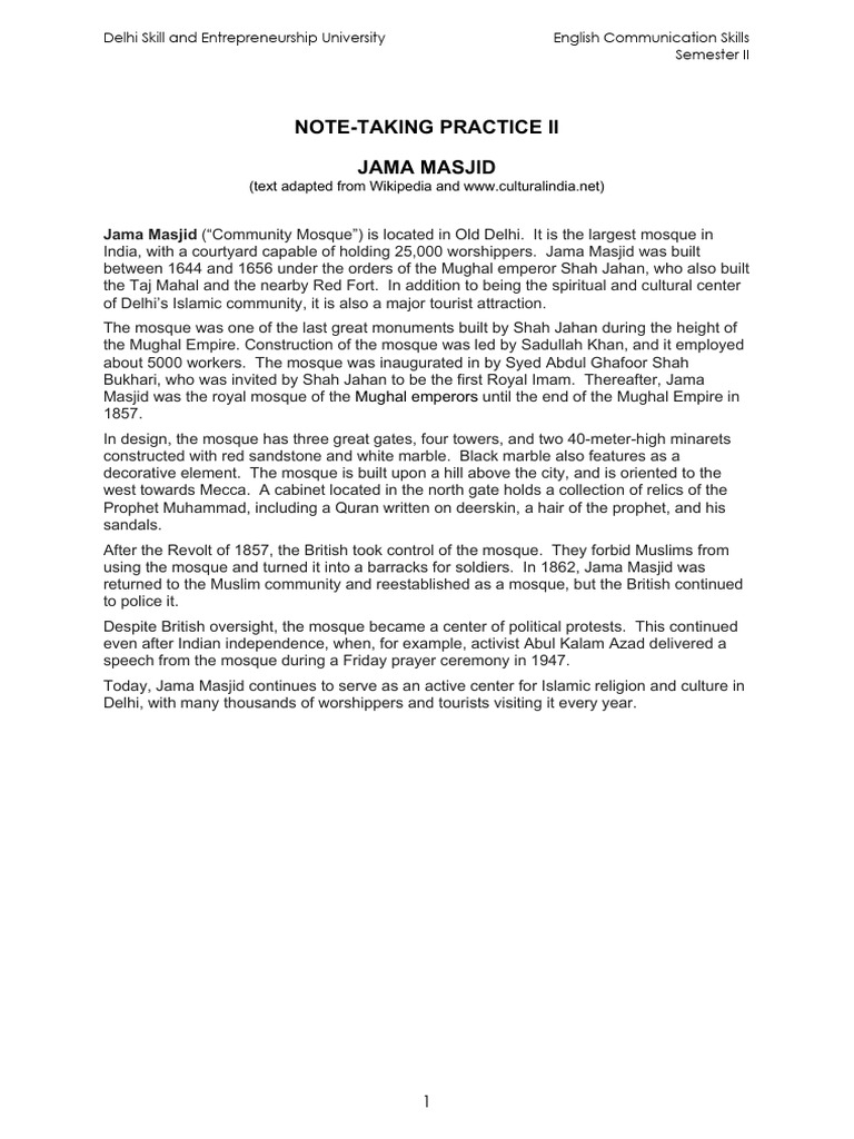 Note-Taking Practice 2 - Jama Masjid | PDF | Mosque | Abrahamic Religions