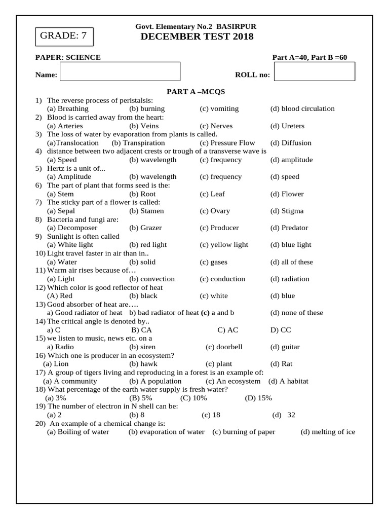 7th Grade Science Test Paper 2018 | PDF | Flowers | Light