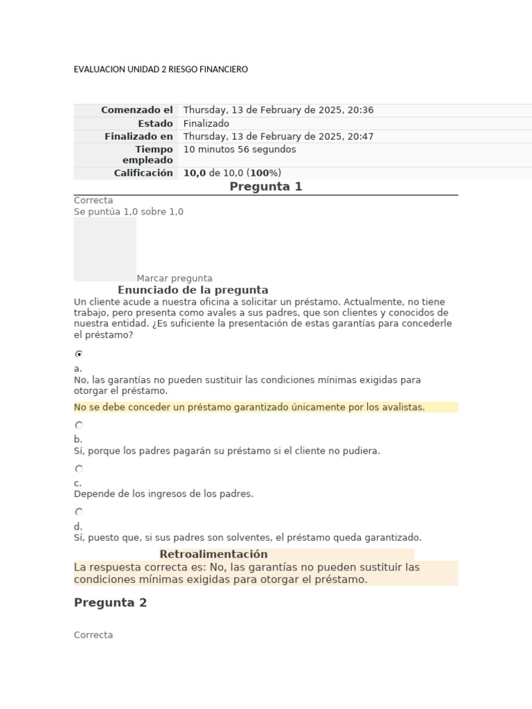 Evaluacion Unidad 2 Riesgo Financiero | PDF | Riesgo crediticio