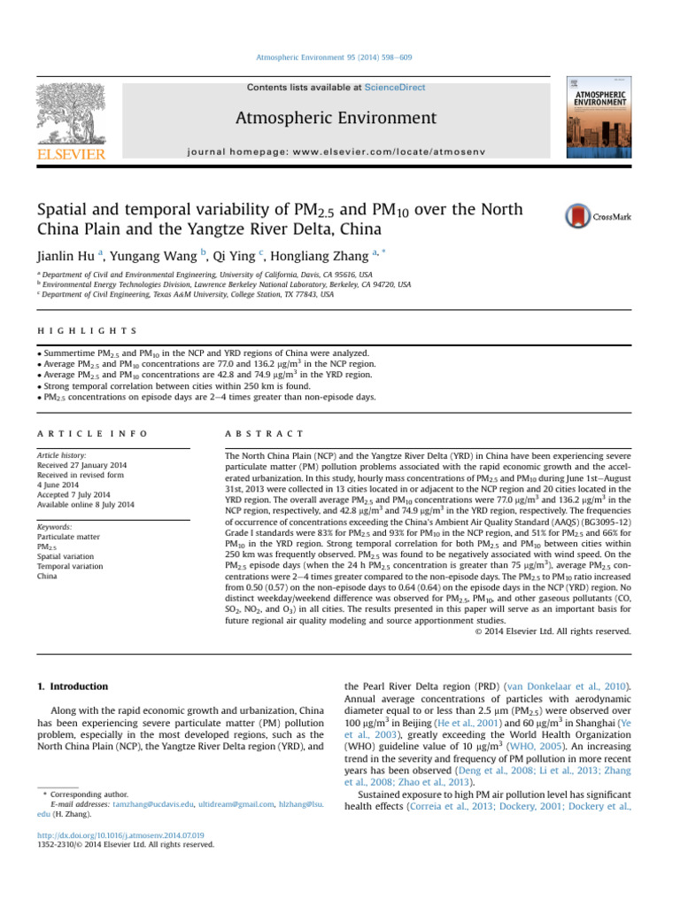 Spatial And Temporal Variability Pf Pm2 5 Andpm10 Over The North China Plain And The Yangtze
