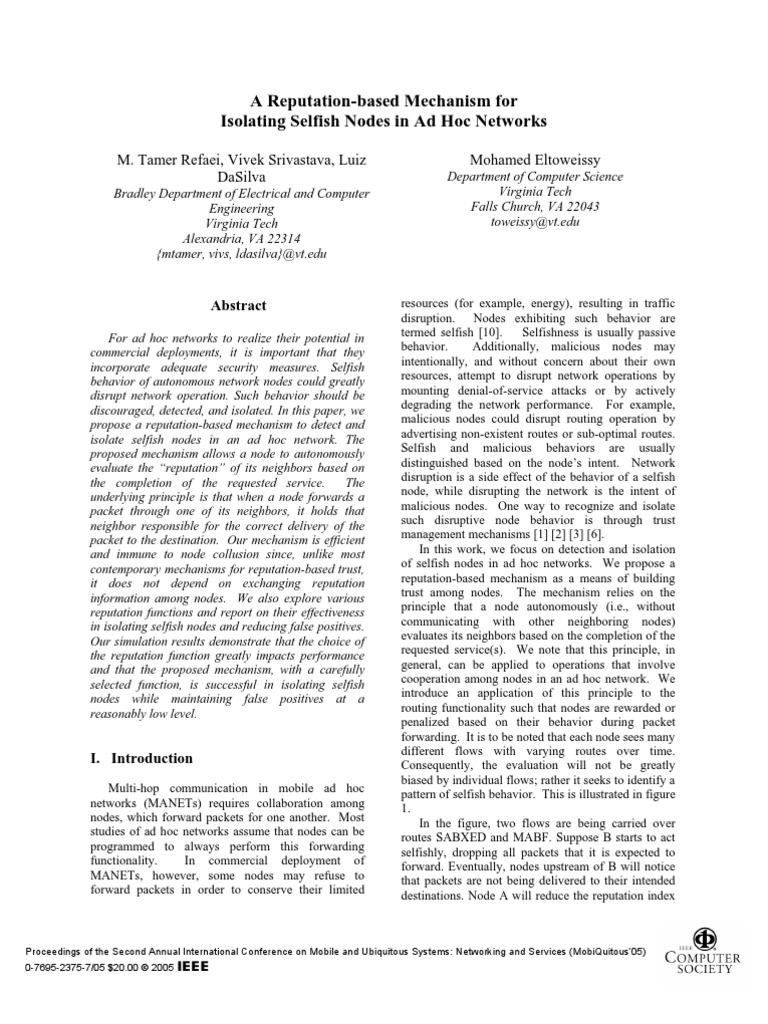 A Reputation-Based Mechanism For Isolating Selfish Nodes in Ad Hoc Networks | PDF | Wireless Ad ...