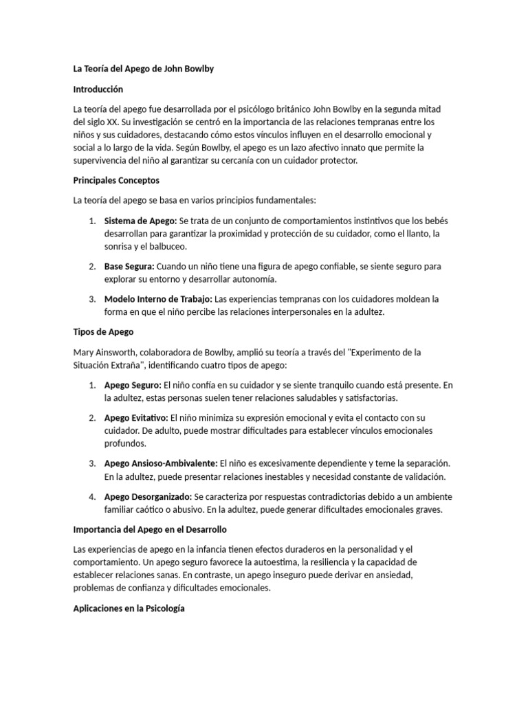La Teoría Del Apego de John Bowlby | PDF | Teoría de apego | Adultos