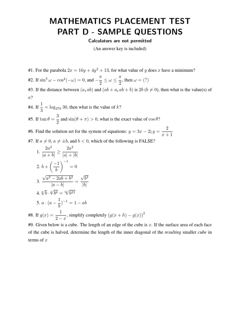 Mathematics Placement Test Sample Questions | PDF | Elementary Geometry ...