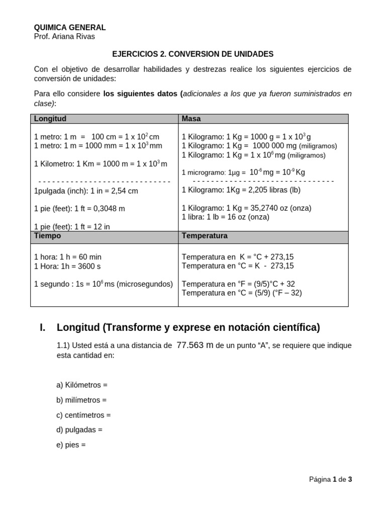 Hoja De Trabajo De Química Sobre Conversiones Métricas