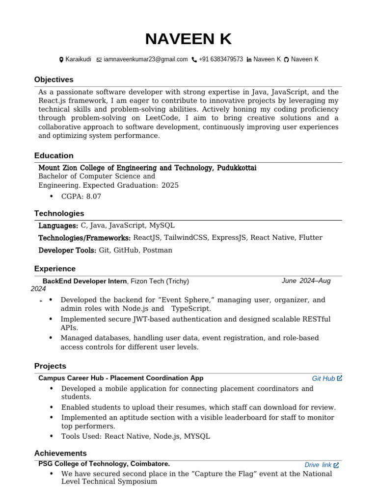 Naveen K: Software Developer Profile | PDF