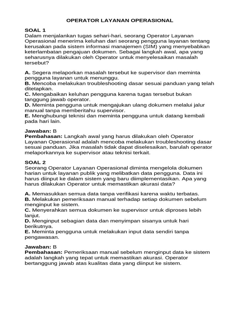 Soal Operator Layanan Operasional 1 | PDF
