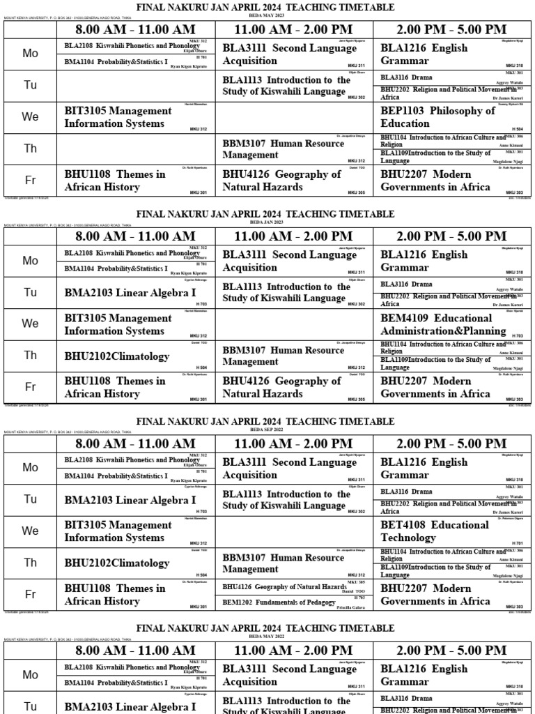 Updated Final Nakuru January April 2024 Teaching Timetable 19-1-2024 | PDF