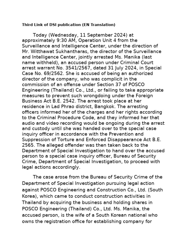 DSI Publication Dated 11 Sep 2567 (Third Link) EN Translation | PDF | Arrest | Crimes