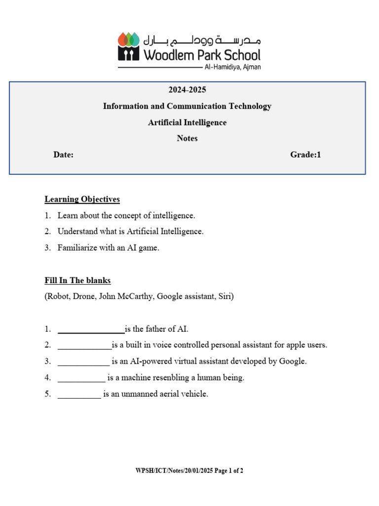 AI Concepts for Grade 1 Students | PDF
