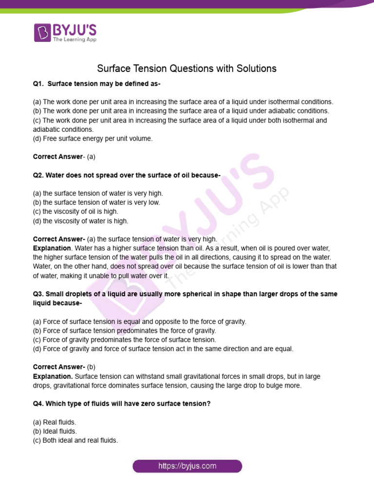 Surface Tension Questions | PDF | Surface Tension | Liquids