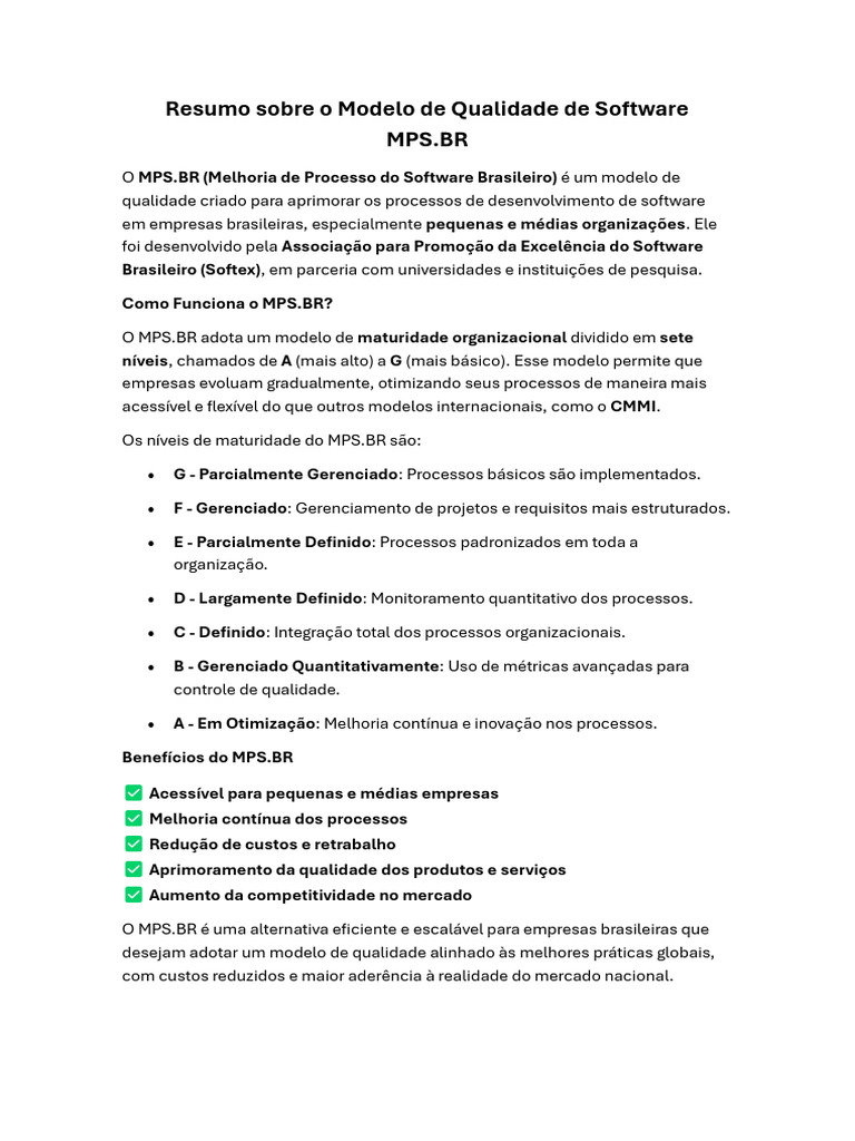 MPS.BR: Modelo de Qualidade de Software | PDF | Qualidade (negócios ...