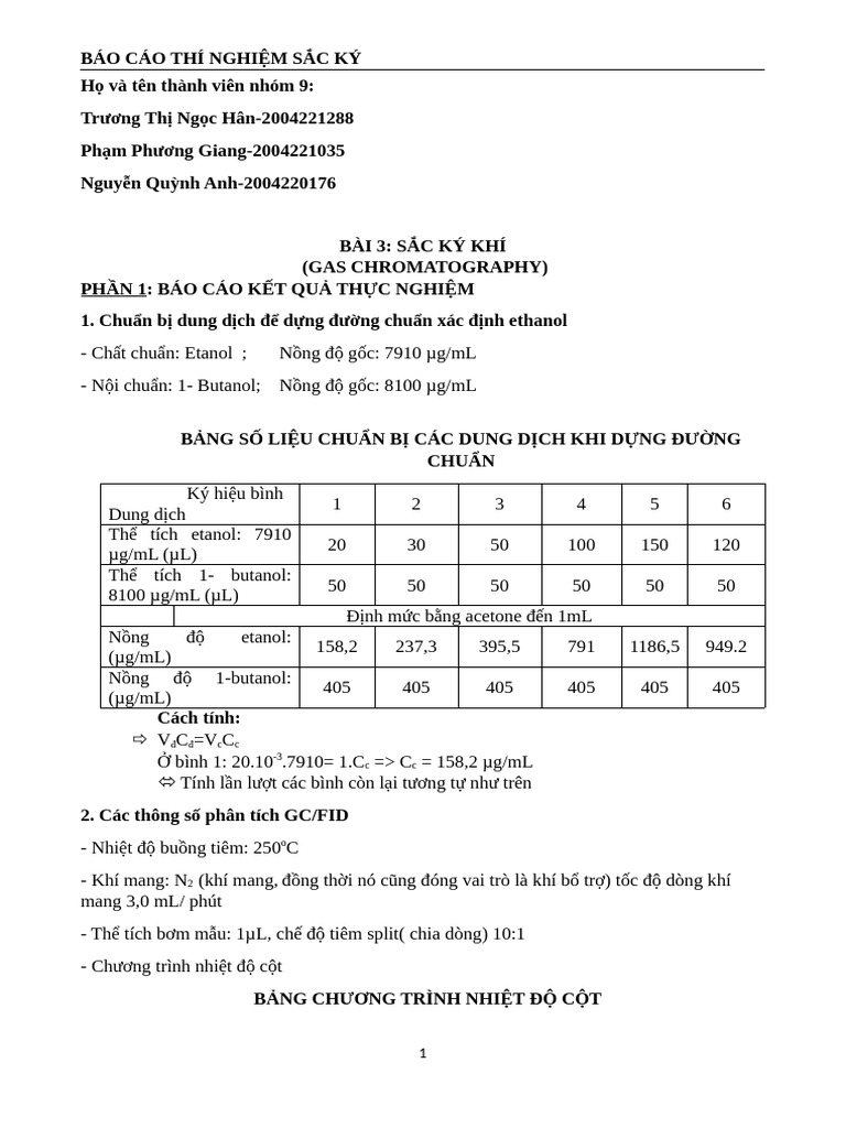 BÁO CÁO THÍ NGHIỆM SẮC KÍ NHÓM 9 | PDF