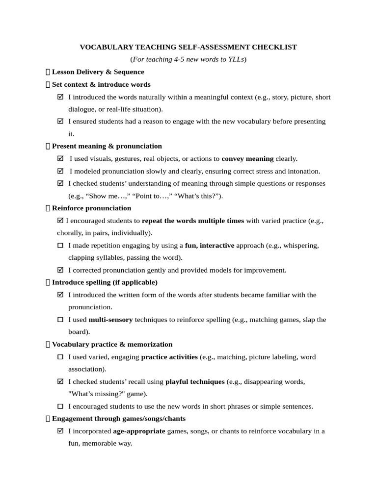 Vocabulary Teaching Checklist for YLLs | PDF | Vocabulary | Reading ...