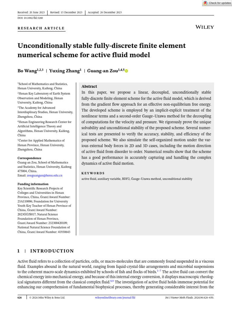 Numerical Methods in Fluids - 2024 - Wang - Unconditionally stable fully‐discrete finite element ...
