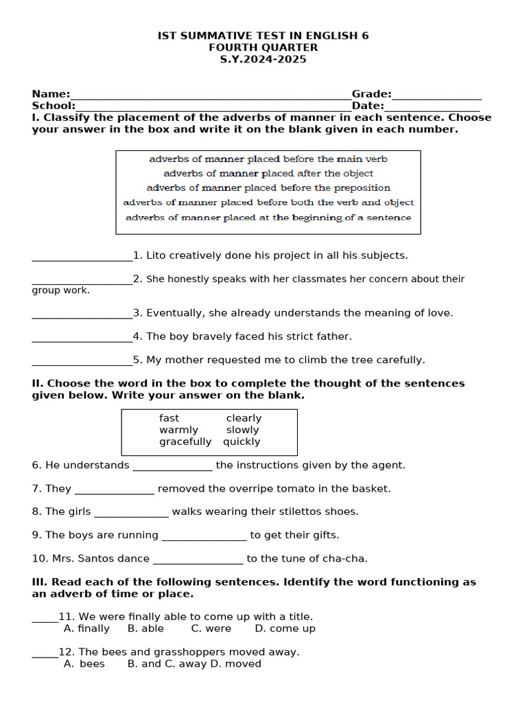5th Grade Adverb Worksheet | PDF | Grammar | Syntax