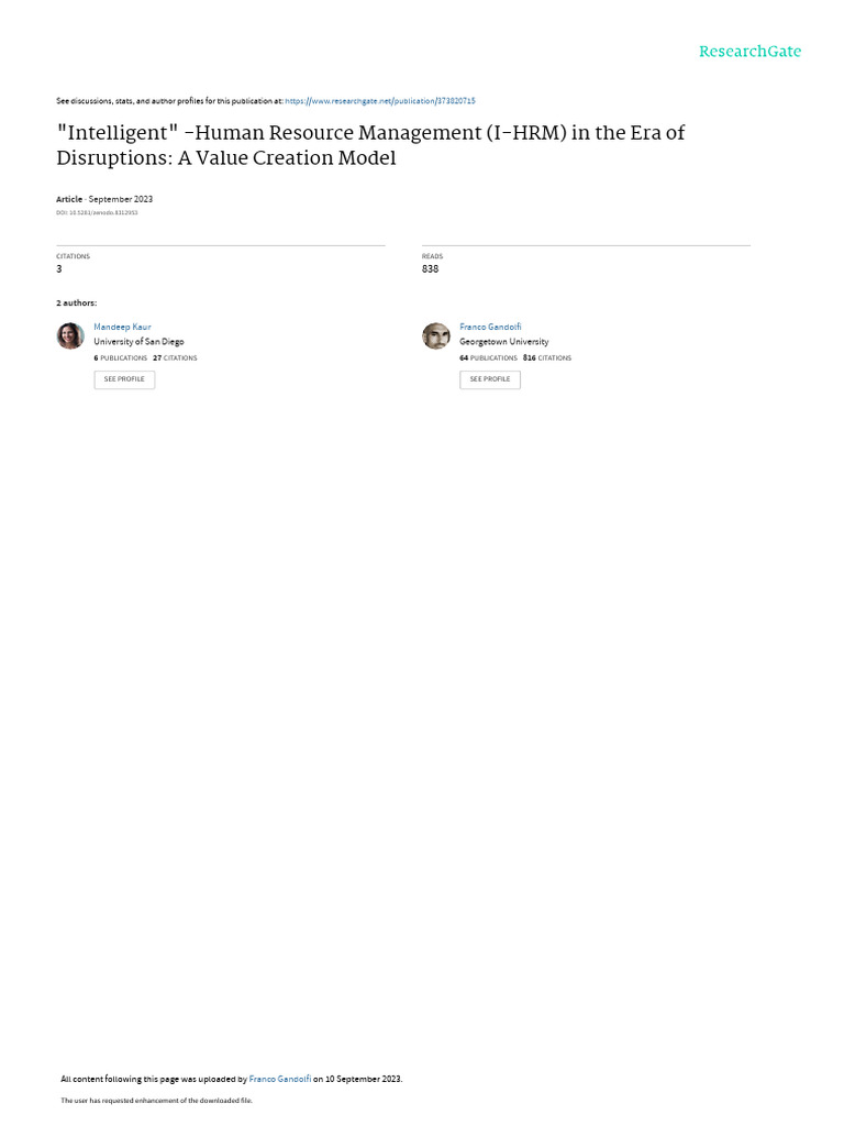 "Intelligent" - Human Resource Management (I-HRM) in The Era of Disruptions: A Value Creation ...