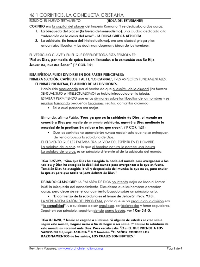46 1 Corintios, La Conducta Cristiana (Notas de Estudiante) | PDF | Primera epístola a los ...