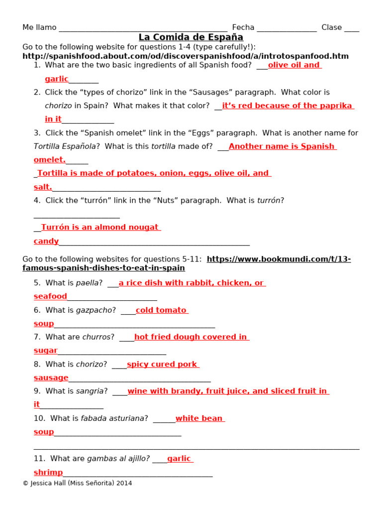 Hispanic Food Webquest ANSWER KEY | PDF | Spanish Cuisine | Mexican Cuisine