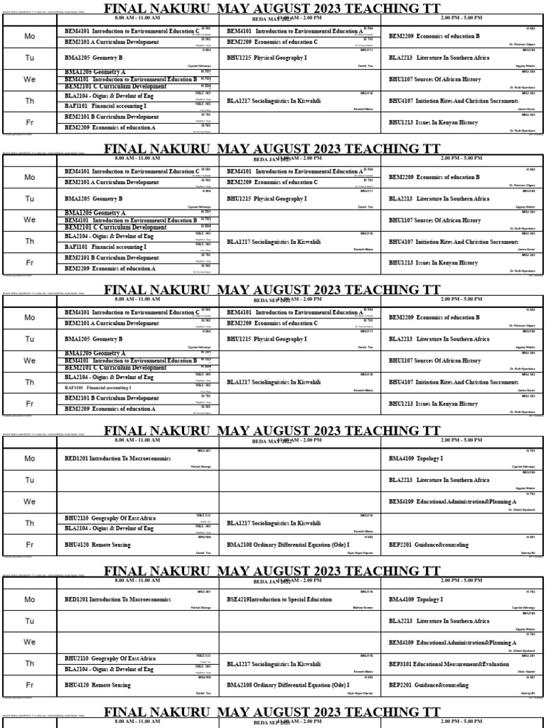 Nakuru Final Teaching Timetable May August 2023 | PDF | Mathematical ...