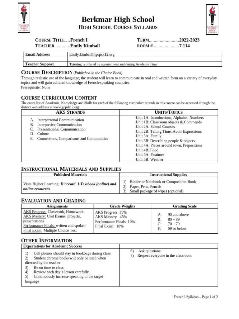 French I Syllabus by Emily Kimball | PDF | Educational Assessment ...