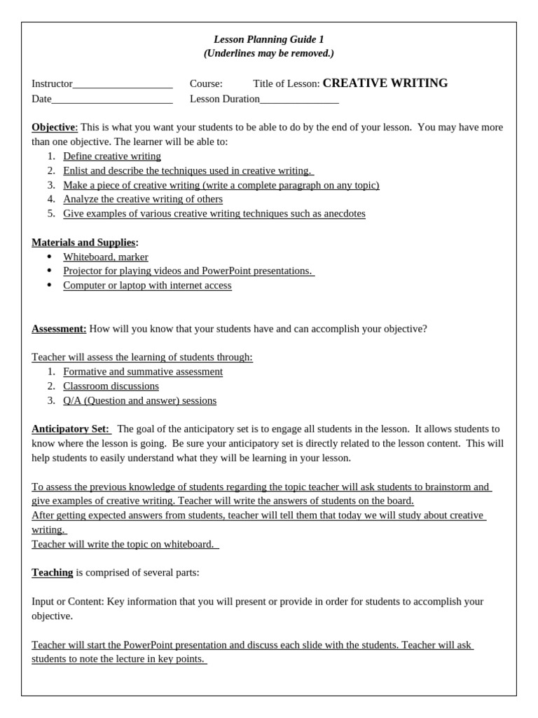Creative Writing Lesson | PDF | Teachers | Learning
