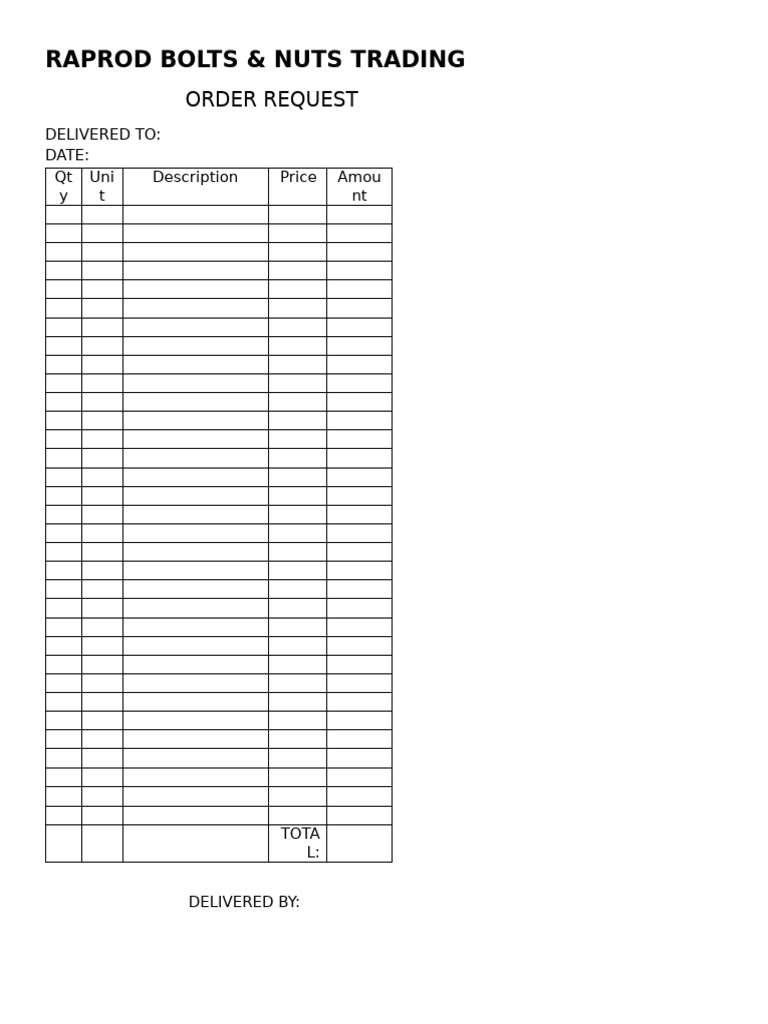 RAPROD Bolts & Nuts Order Request | PDF