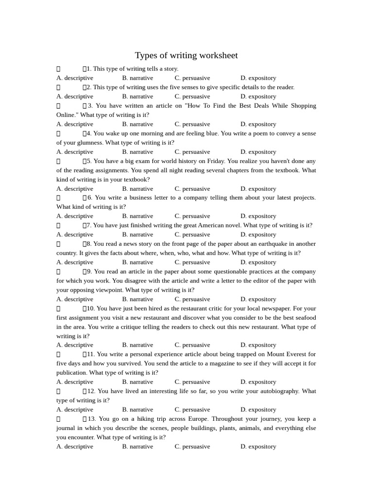 Types of Writing Worksheet | PDF | Writing