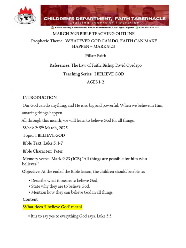 Children Church Bible Teaching Outline For March 2025 Age 1-2 | PDF ...