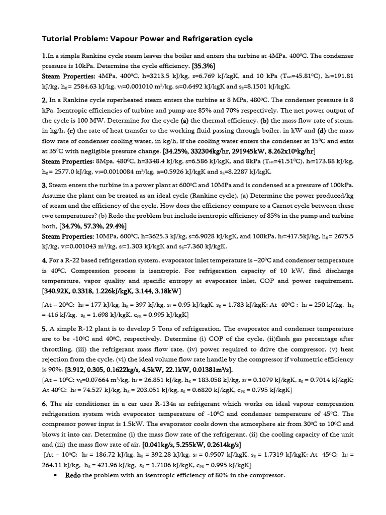 thermo tutorial vapour power and refrigeration cycle | PDF ...