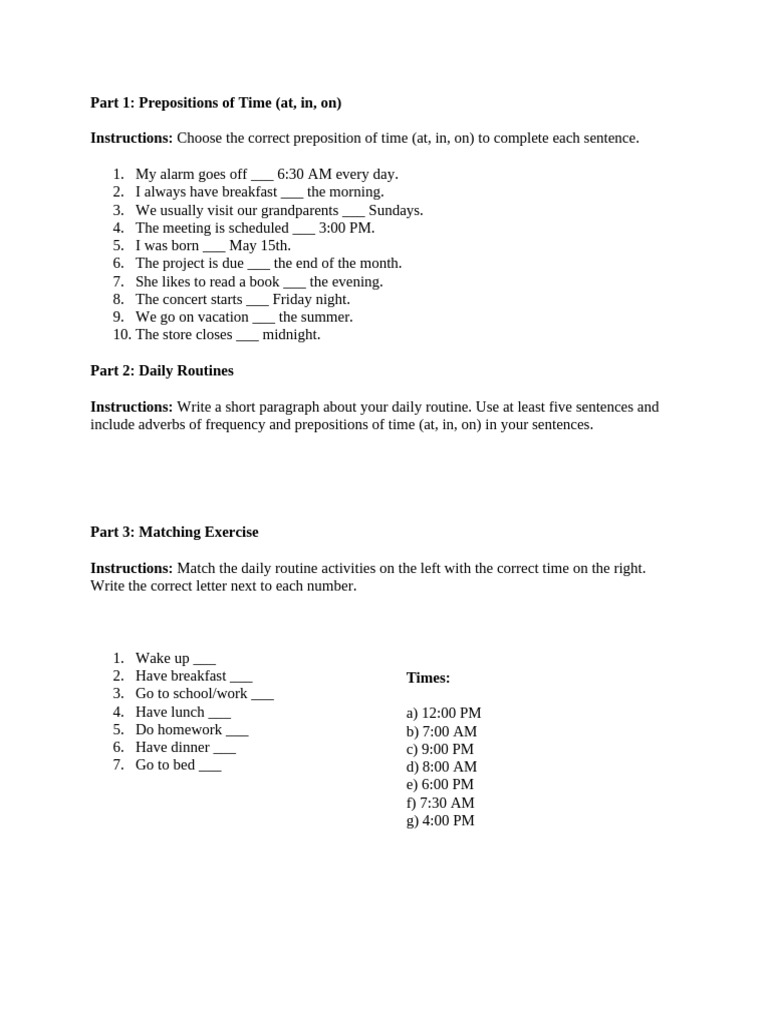 Prepositions of Time | PDF
