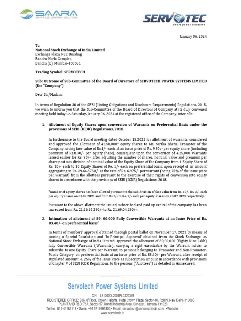 SERVOTECH warrnts | PDF | Warrant (Finance) | Stocks