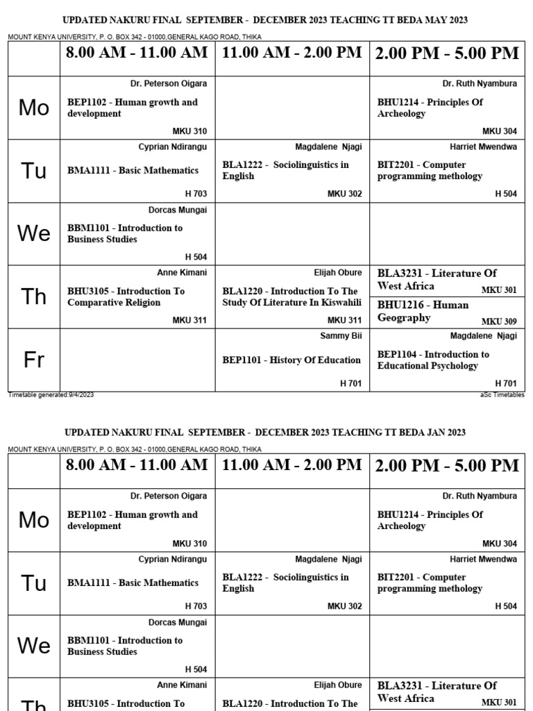 Updated Final Nakuru Sep Dec 2023 Teaching Timetable | PDF | Biology | Science