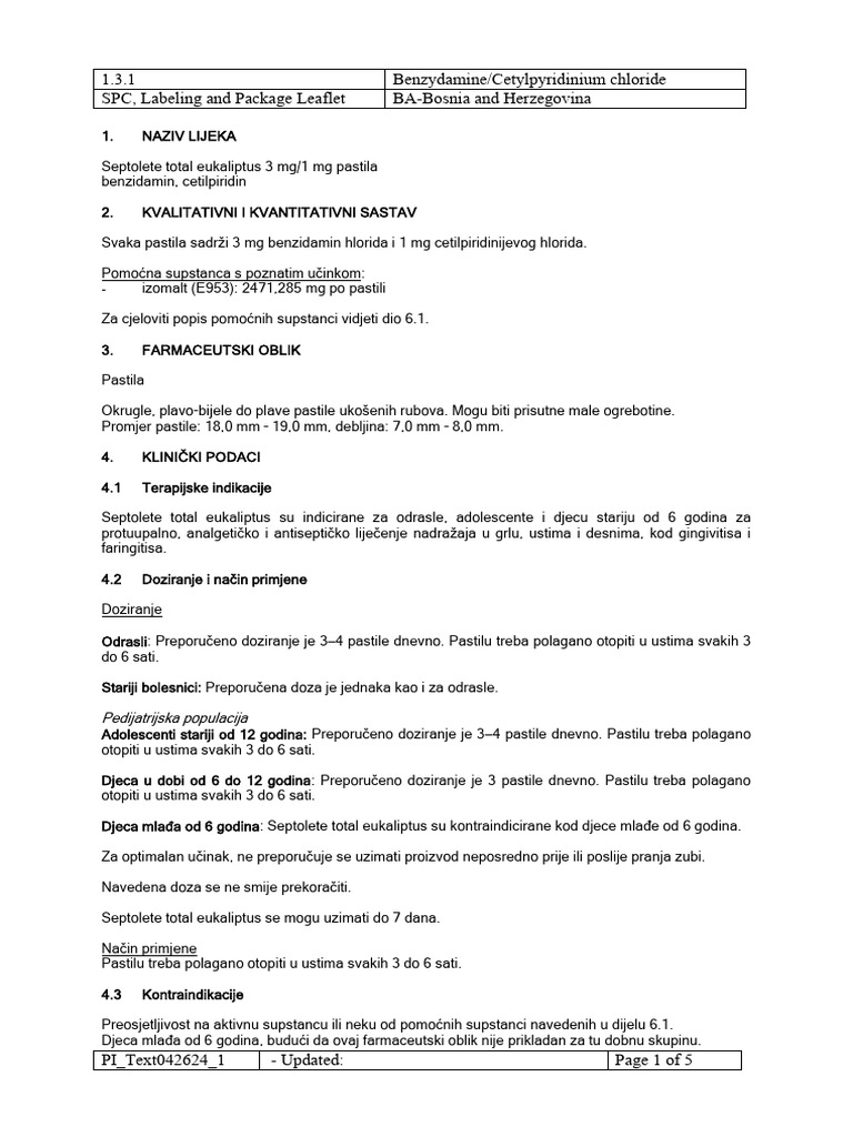 Septolete Total Eukaliptus Pastile - SPC | PDF