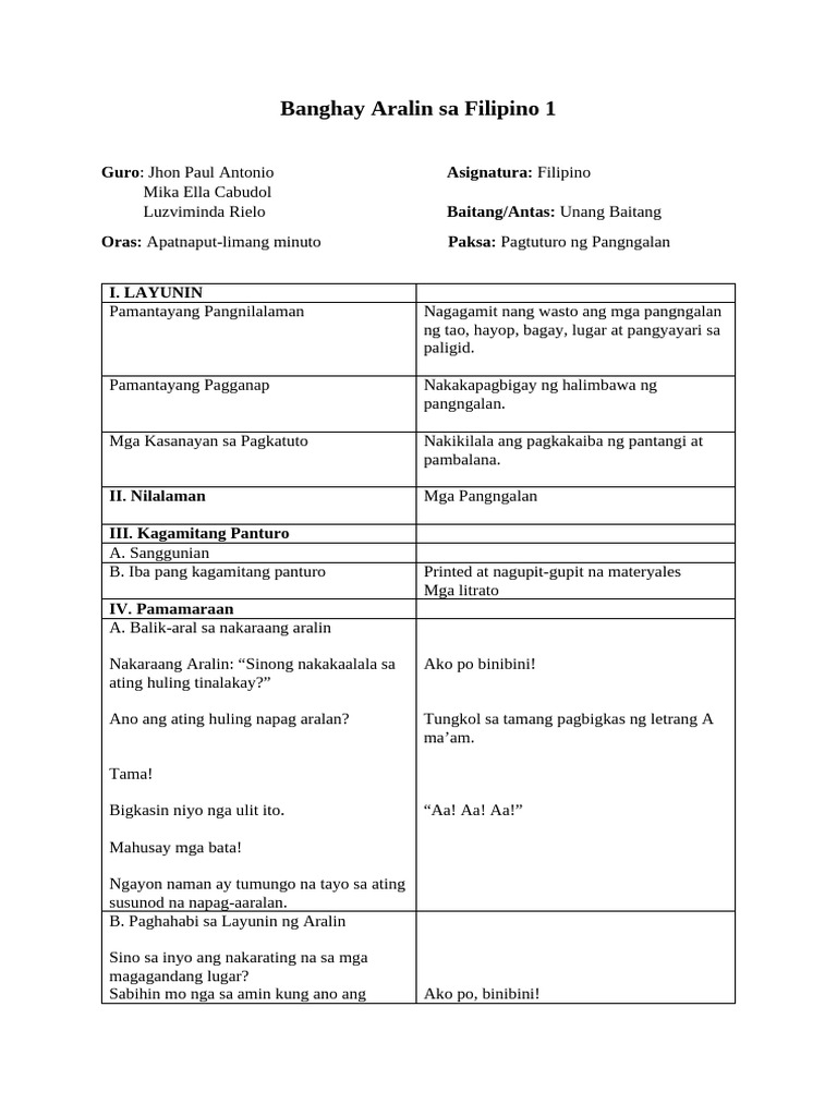 FILIPINO-LESSON-PLAN- Mga Pangngalan | PDF