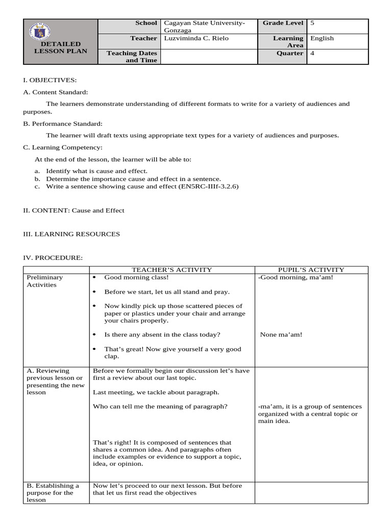 Cause and Effect Lesson Plan for Grade 5 | PDF | Lesson Plan | Sentence ...