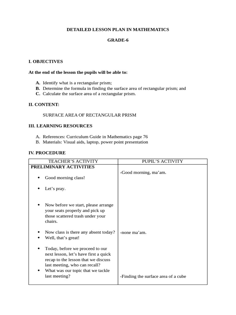 Grade 6 Rectangular Prism Lesson Plan | PDF | Area | Lesson Plan
