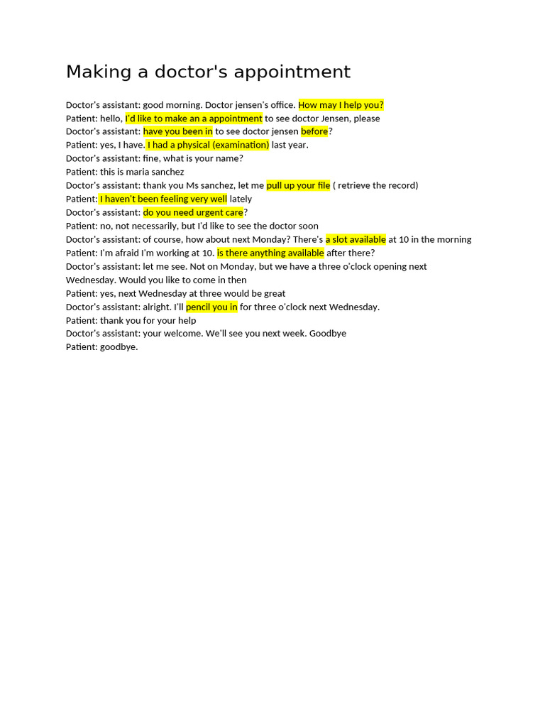 Doctor Appointment Dialogue Example | PDF