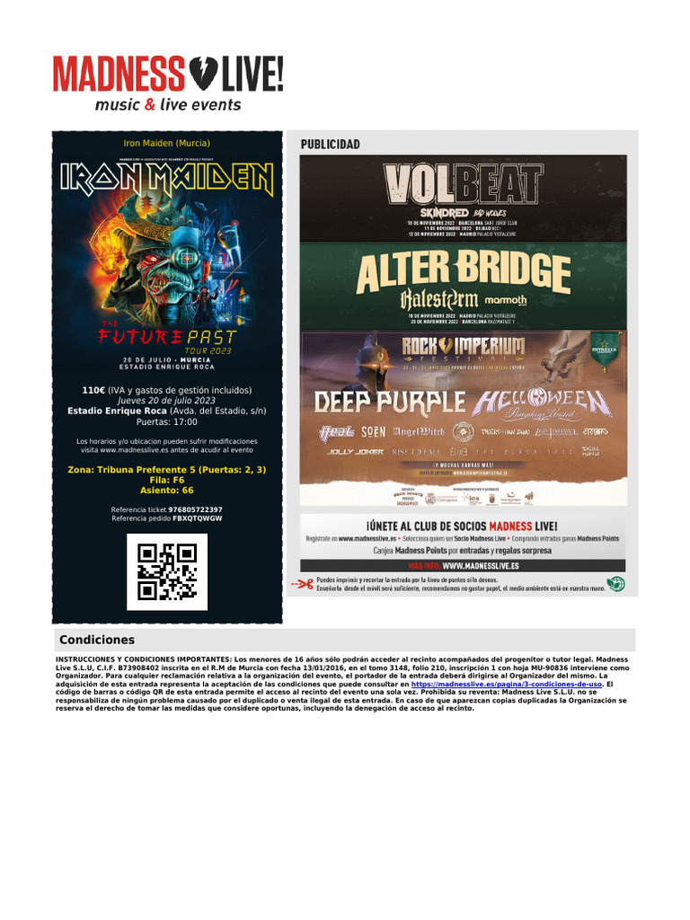 Ticket - 976805722397 - Iron Maiden (Murcia) | PDF