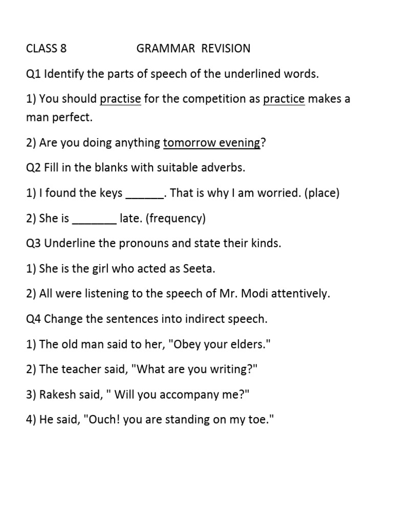 CBSE Class 8 English Worksheet - Grammer Revision (2) | PDF
