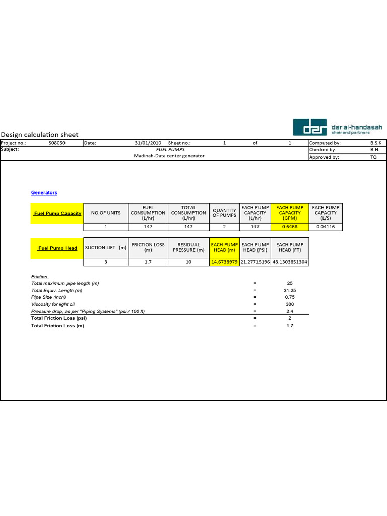Design Calculation Sheet Fuel Pumps - Compress | PDF | Pump | Energy ...