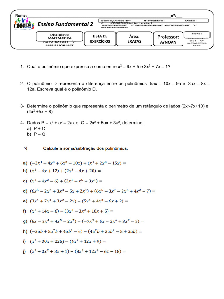Lista de Exerc-Cios - Adi - o e Subtra - o de Polin-Mios | PDF