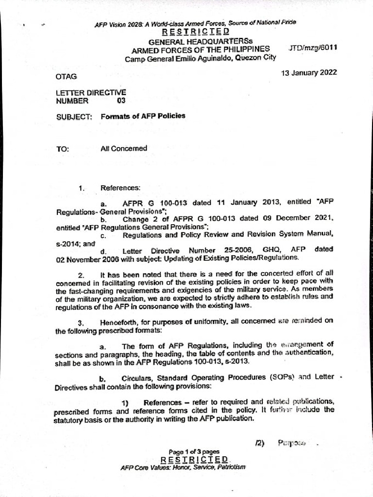 LTR Dir NR 03, GHQ, AFP DTD 13 Jan 22 - Formats of AFP Policies - 0 | PDF