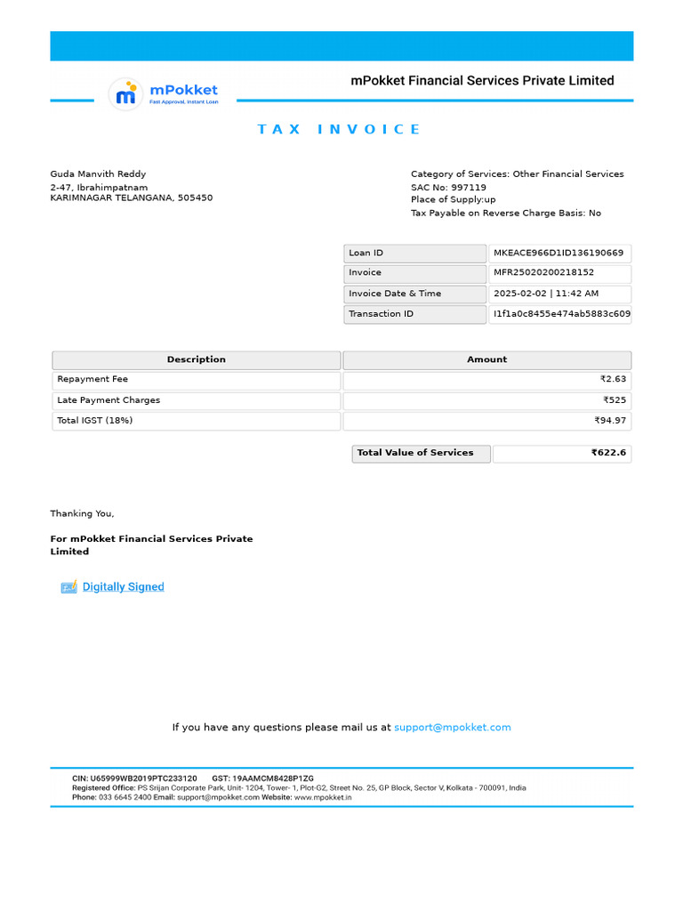 mPokket Invoice for Loan Repayment | PDF