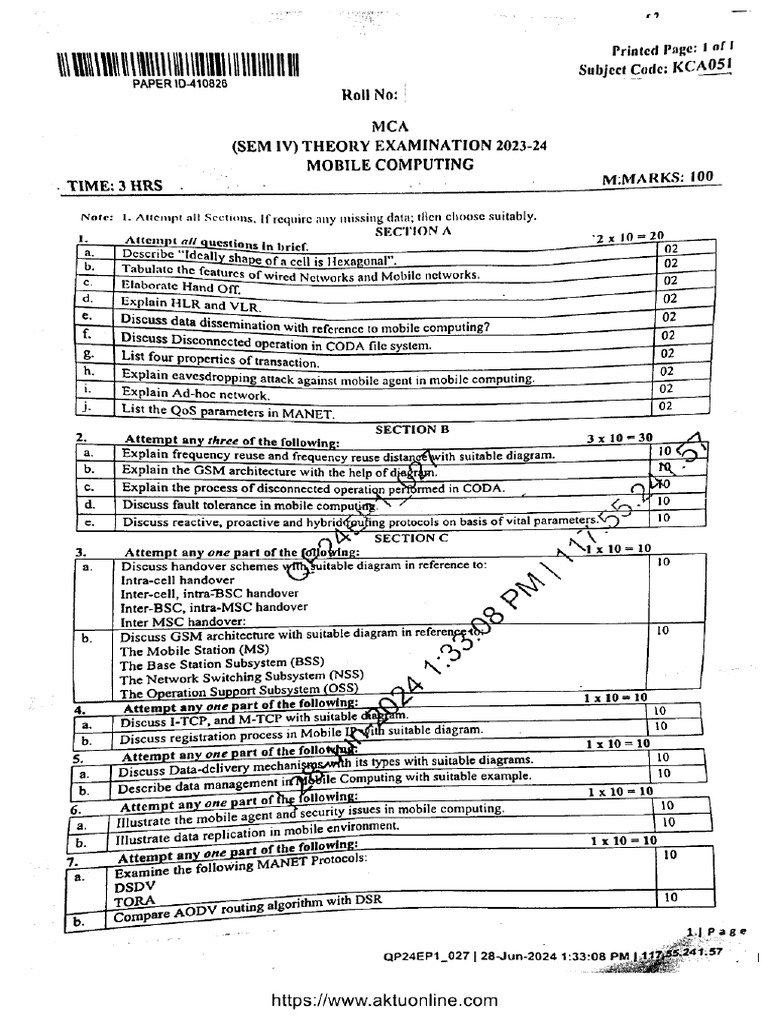 Mca 4 Sem Mobile Computing Kca051 Jun 2024 | PDF