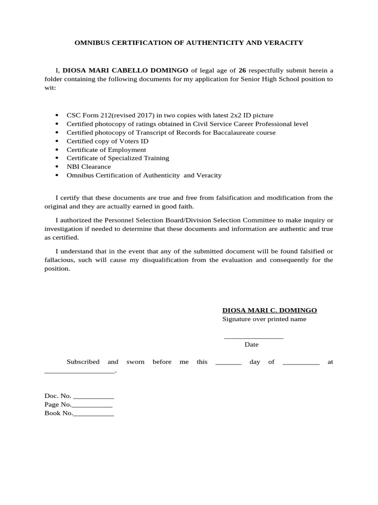 OMNIBUS CERTIFICATION OF AUTHENTICITY AND VERICITY | PDF