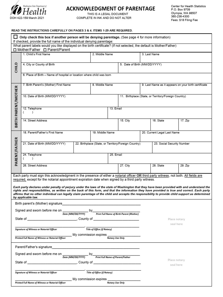 Acknowledgment of Parentage Form | PDF | Notary Public | Parent