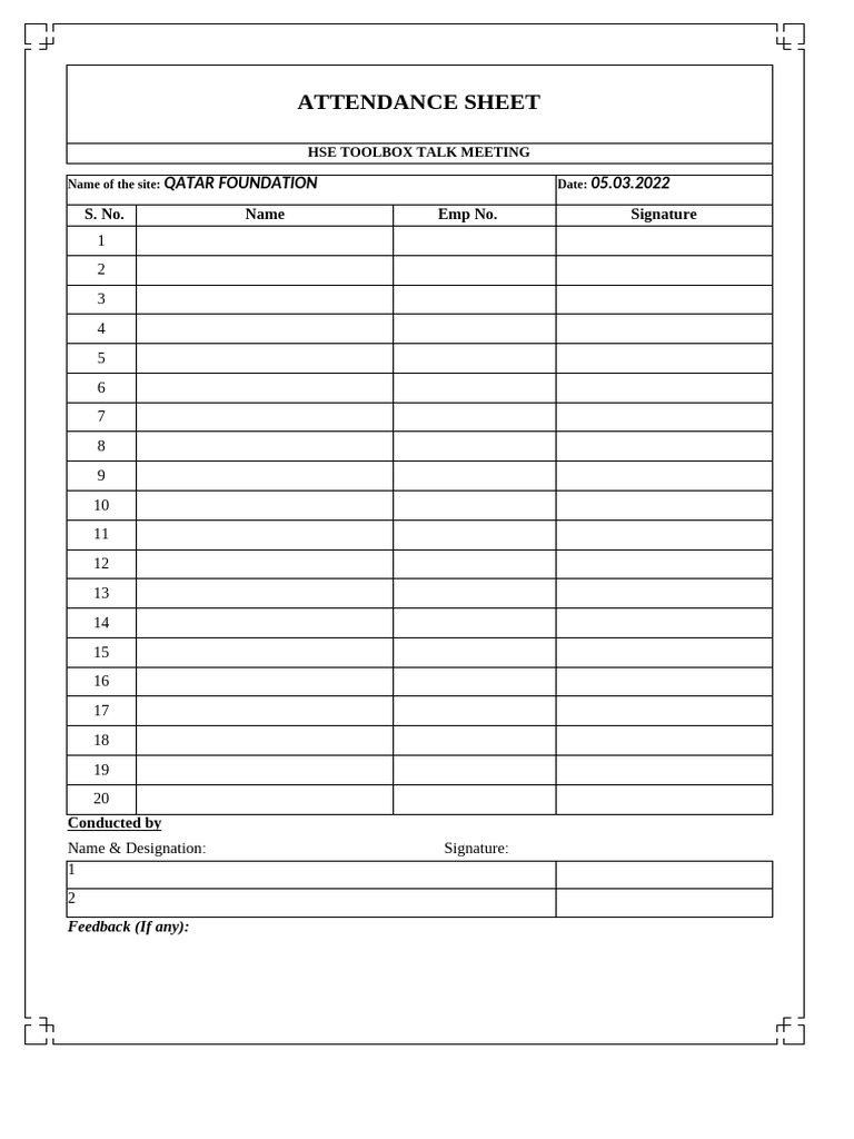 HSE Toolbox Talk Attendance Sheet | PDF