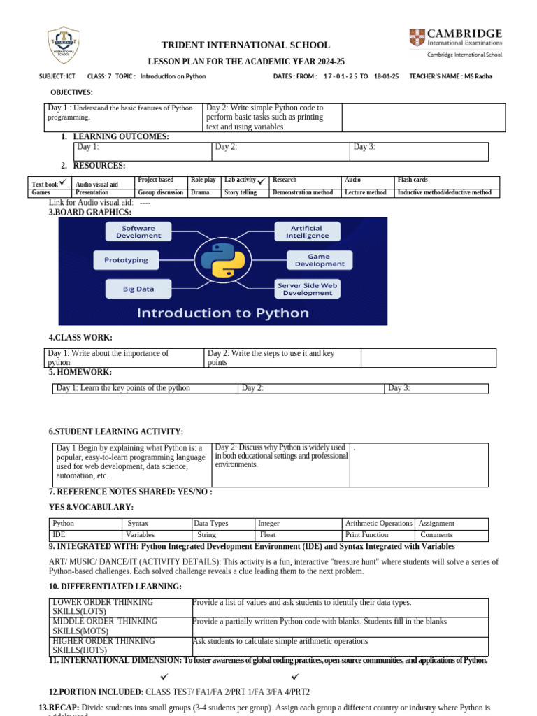 Python Introduction Lesson Plan for 7th Grade | PDF | Python ...