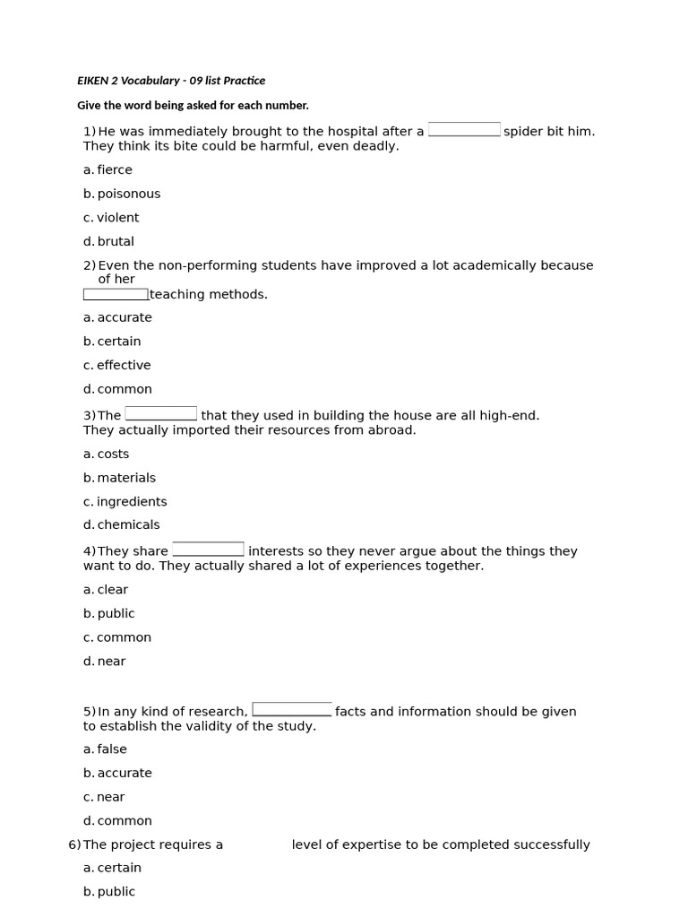 EIKEN 2 – Vocabulary List 09 Practice | PDF