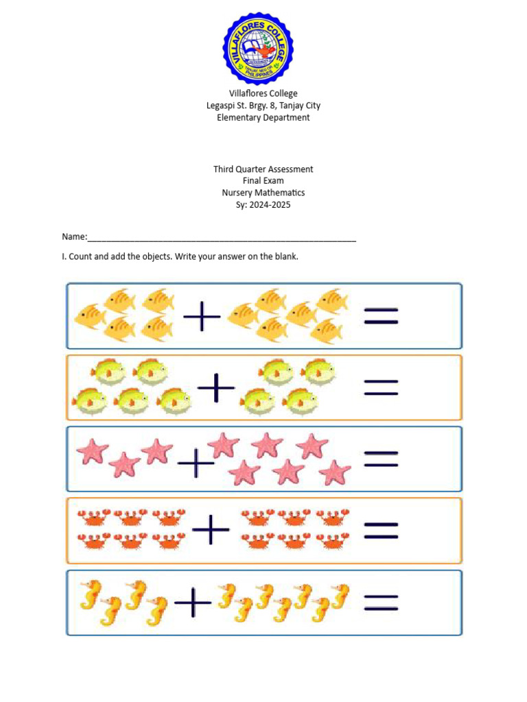 Nursery Math Final Exam 2024-2025 | PDF